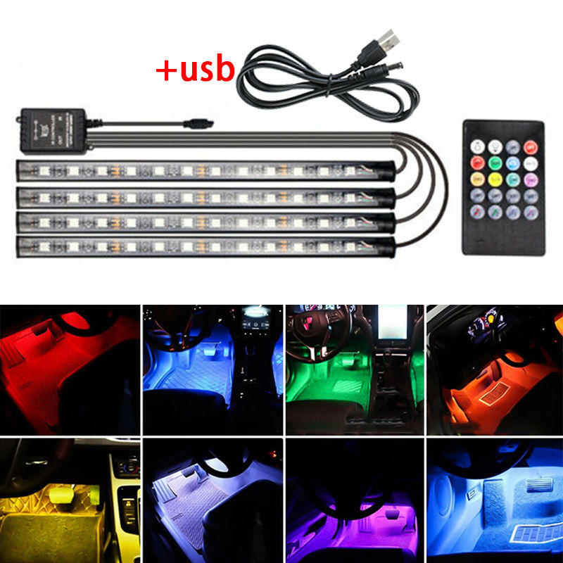 USB-4 Rgb 12Led Car Footlights Wireless Voice Control Car Interior ...
