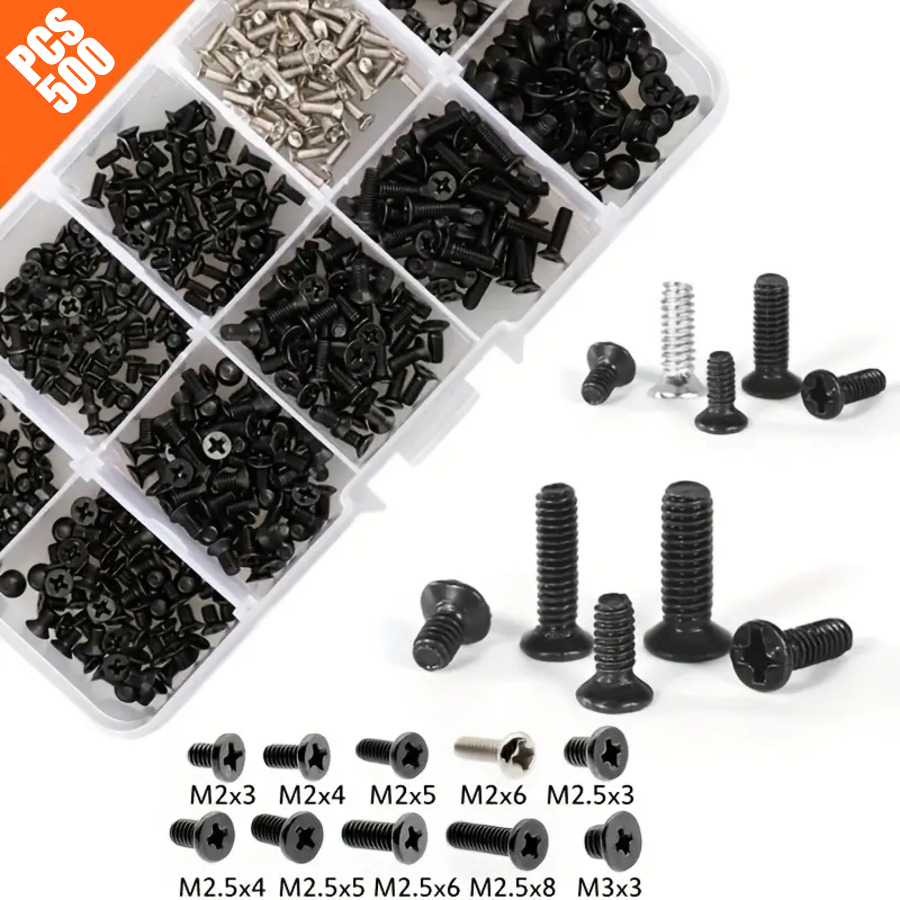 500pcs Small Computer Screws Assortment Kit, Black Tiny Eyeglass Screws ...