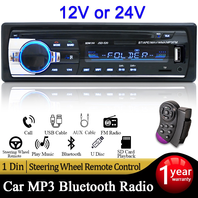 Car Stereo Bluetooth 1 Din 12V/24V Radio Player Digital FM Audio 1Din ...