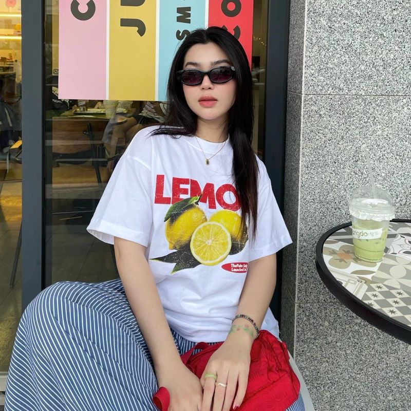 Women Summer Casual Lemon Pattern T-Shirt Short Sleeve Loose Top ...