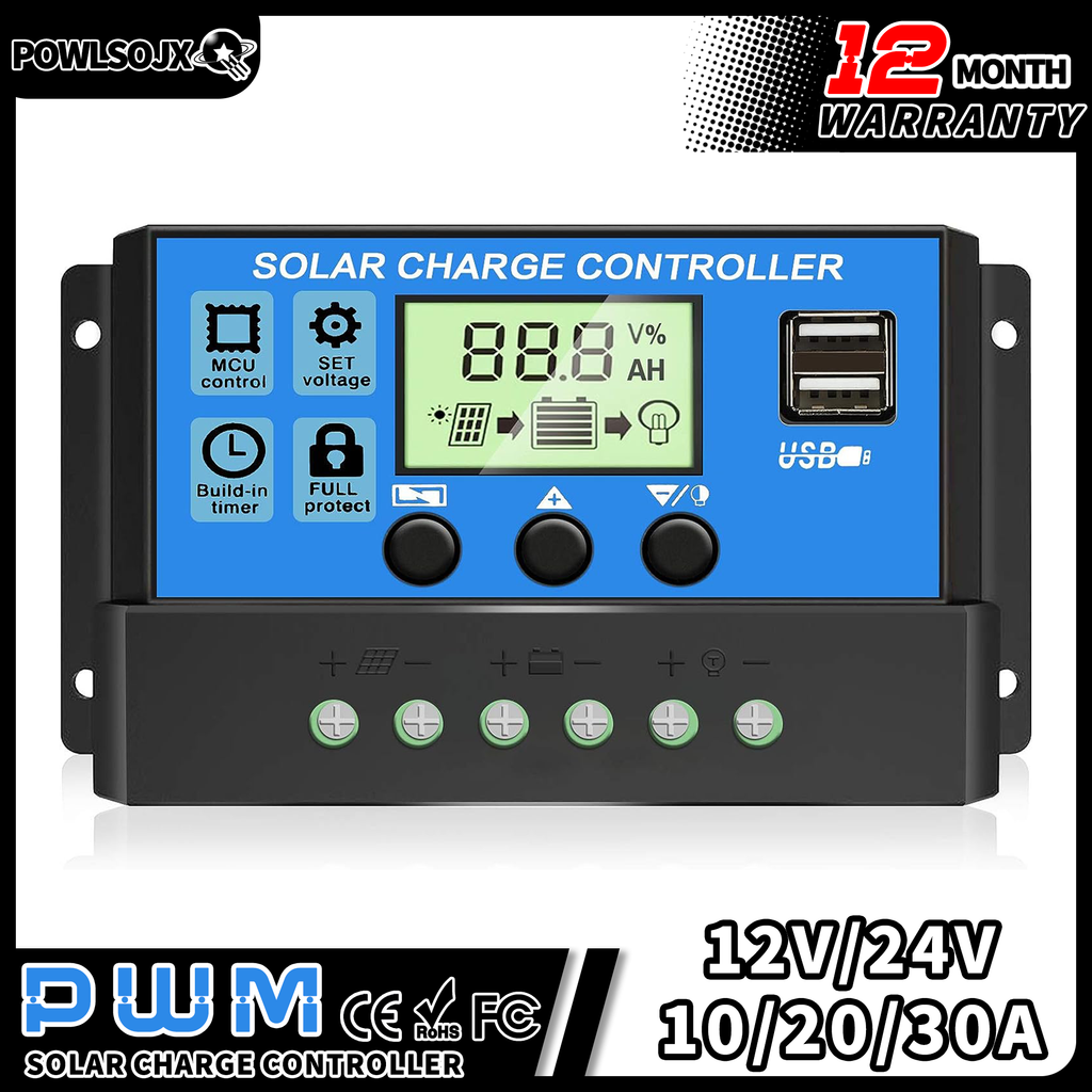 POWLSOJX 10A 20A 30A Solar Charge Controller 12V/ 24V Intelligent ...