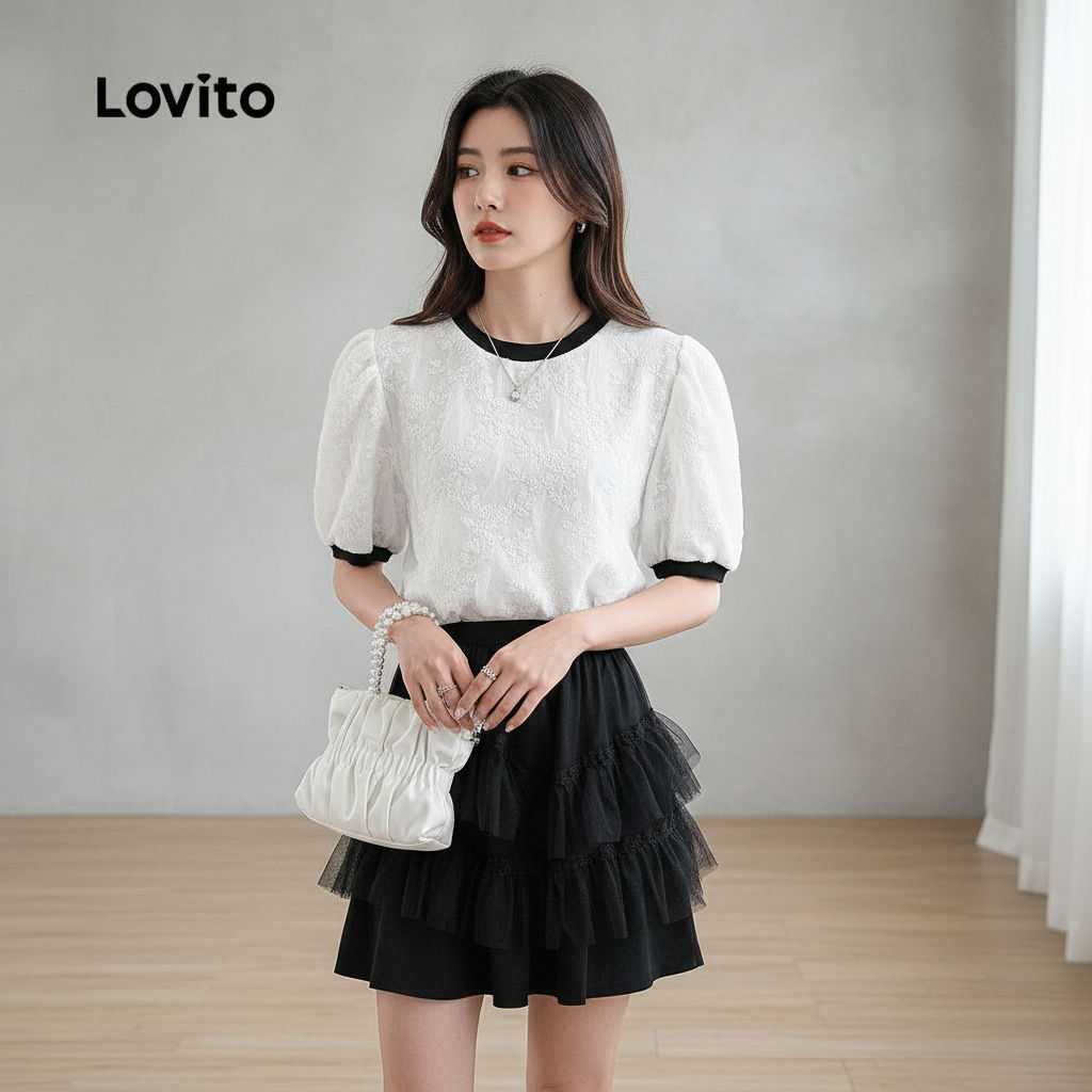 Lovito Blaus Kasual Fabrik Berganda Jahitan Musim Bunga/Suam Hitam ...