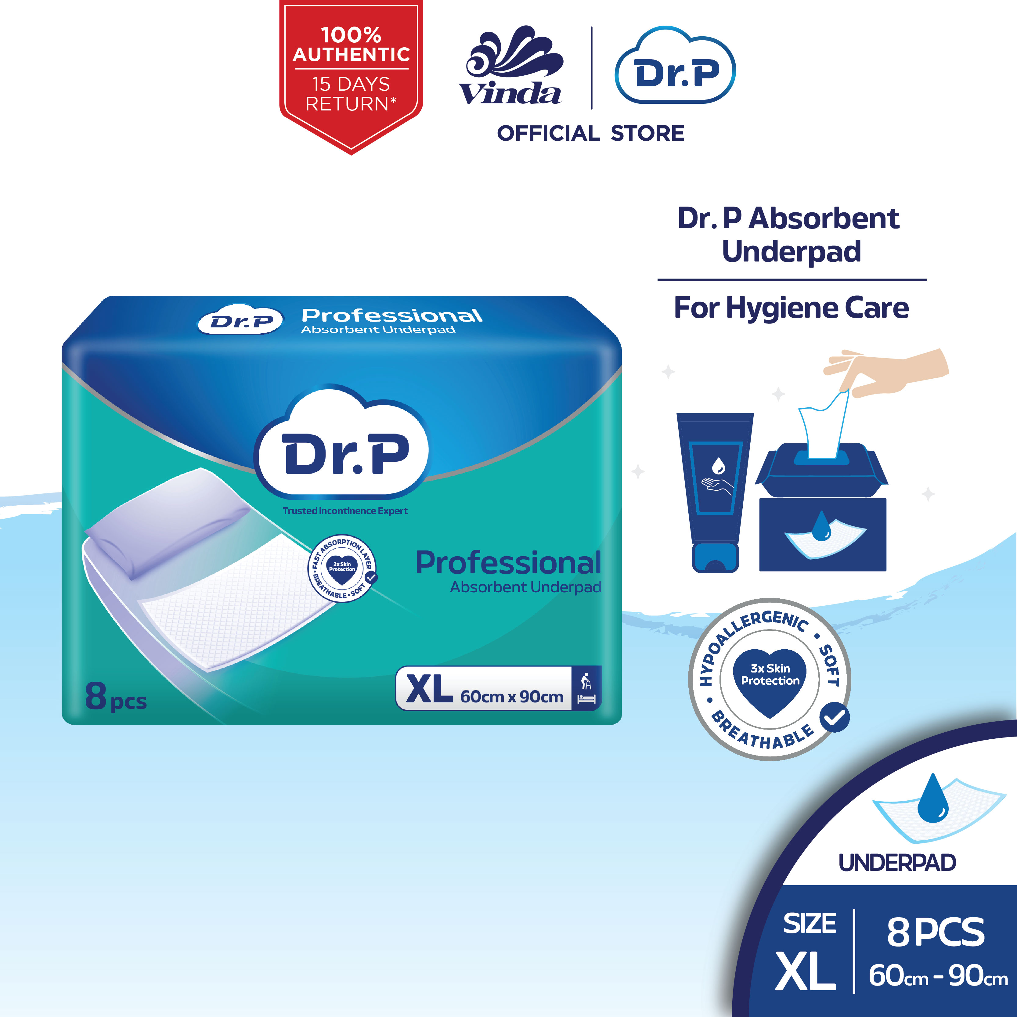 Dr. P Underpad XL (12x8s) - Fast Absorbence Layer, Hypoallergenic ...