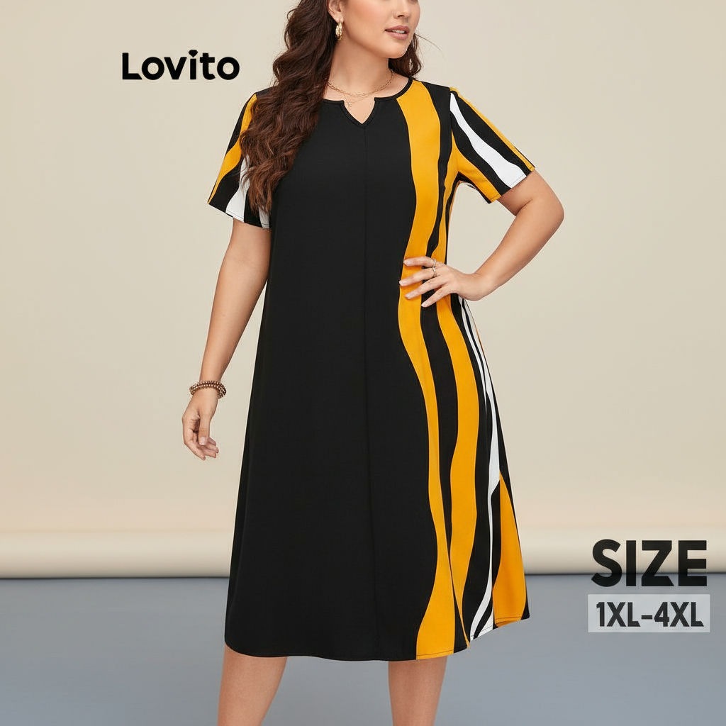 Lovito Gaun Wanita Plus Size Curve Elegan Jahitan Warna Block LBL20324 ...
