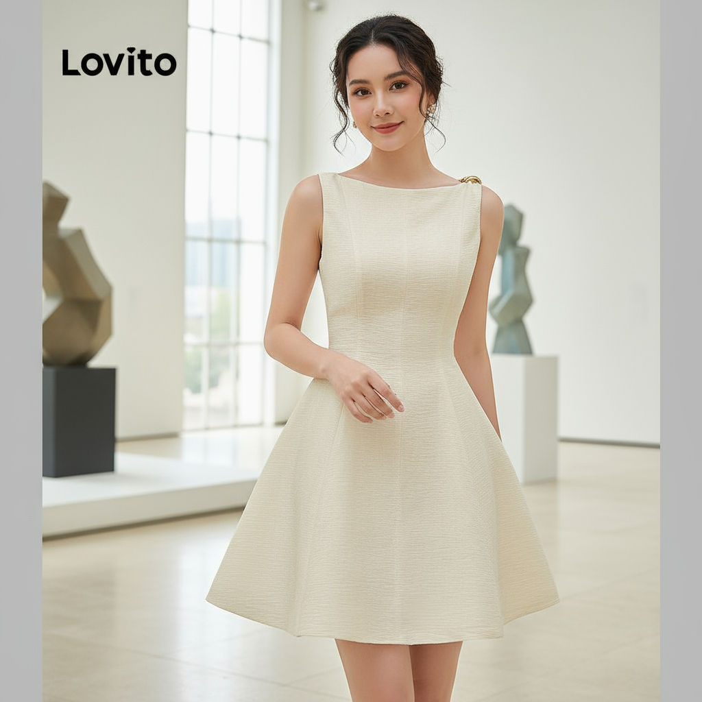 Lovito Elegan Struktur Logam Gesper Garis Lipatan Gaun Wanita L132ED530 ...