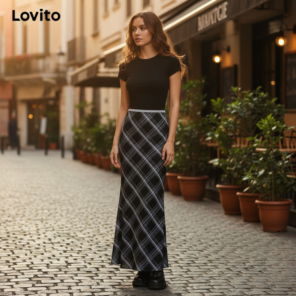 Lovito Casual Skirt Gingham Colorblock Summer/Spring Skirt for Women ...