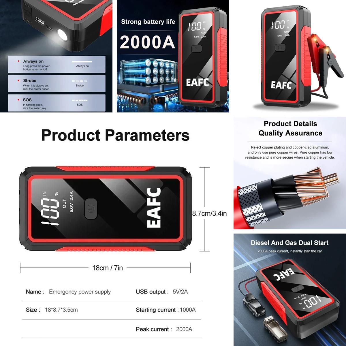 Portable Car Batteries EAFC 2000A/1200A Jump Starter and Power Bank for Camping and Emergency ...