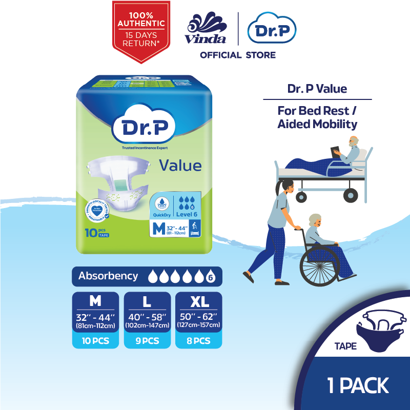 Dr. P Value Level 6 Absorbency Adult Tape Diaper M10/ L9/ XL8 (1 Pack ...