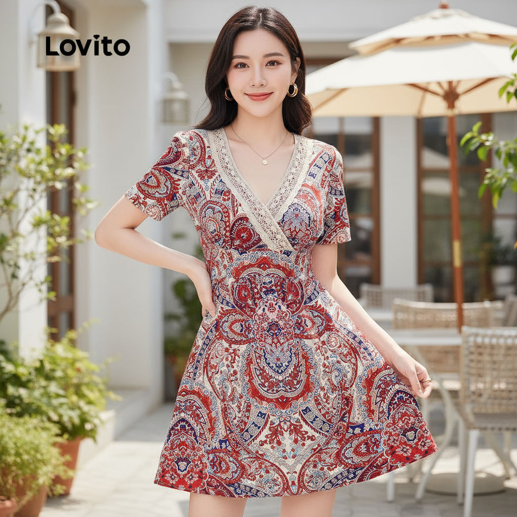 Lovito Dress Santai Gaya Kebangsaan Wanita Musim Bunga/Panas, Leher ...