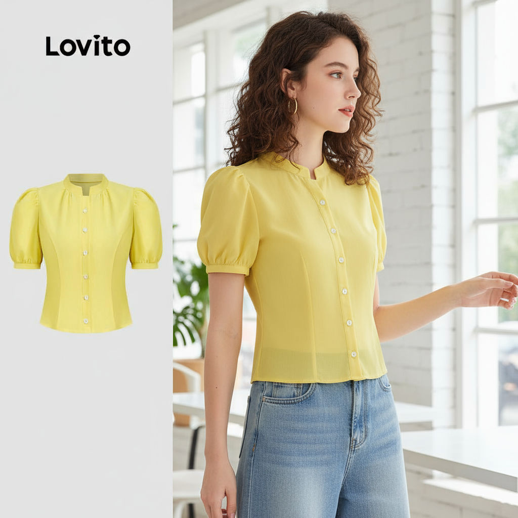 Lovito Blus Elegan Wanita, Butang Depan, Reka Bentuk Ringkas untuk ...