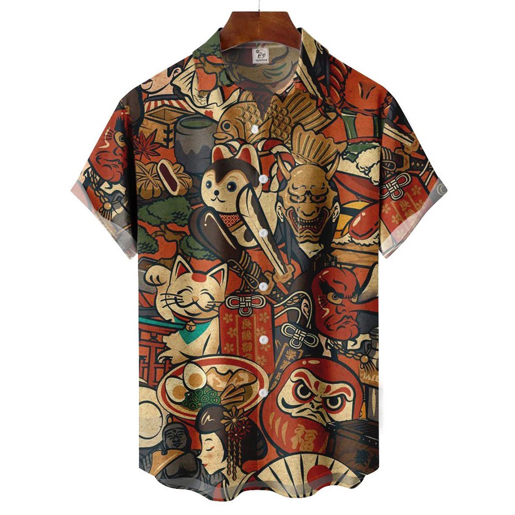 Japanese Harajuku Men's Shirt Summer Vintage Lapel Short Sleeve Shirt ...