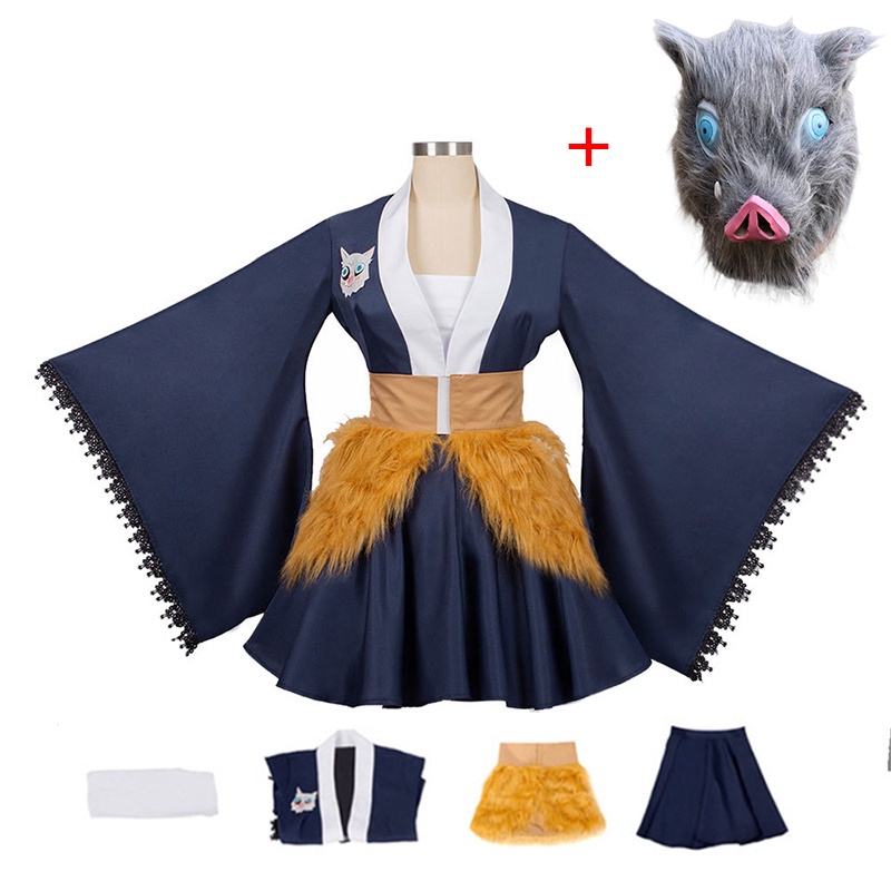Anime Demon Slayer Hashibira Inosuke Cosplay Costume Dress Long Wig Maid Outfit Kimetsu No Yaiba