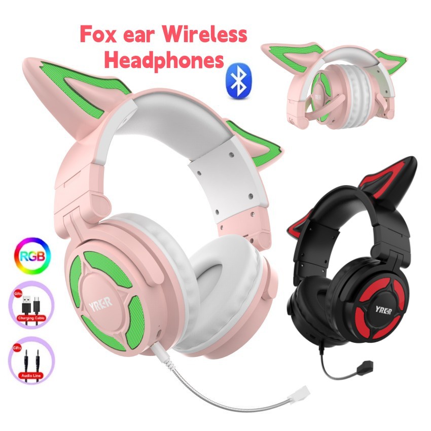Cute Fox ear Wireless Hifi Stereo Headphones RGB Bluetooth Gaming ...