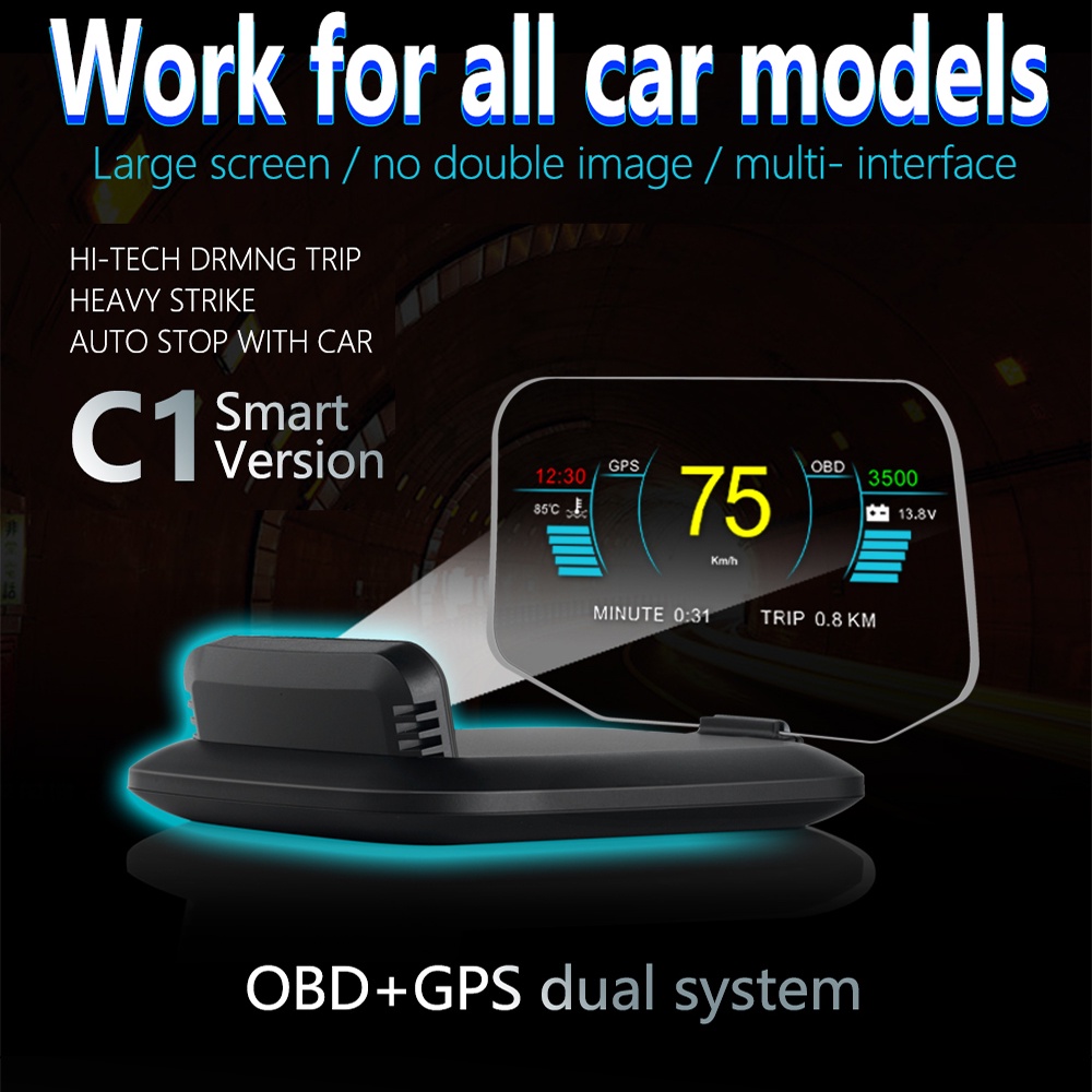 C1 Car HUD Headup Mirror Display LED OBDII GPS Dual Mode Speedometer Projector System Overspeed ...