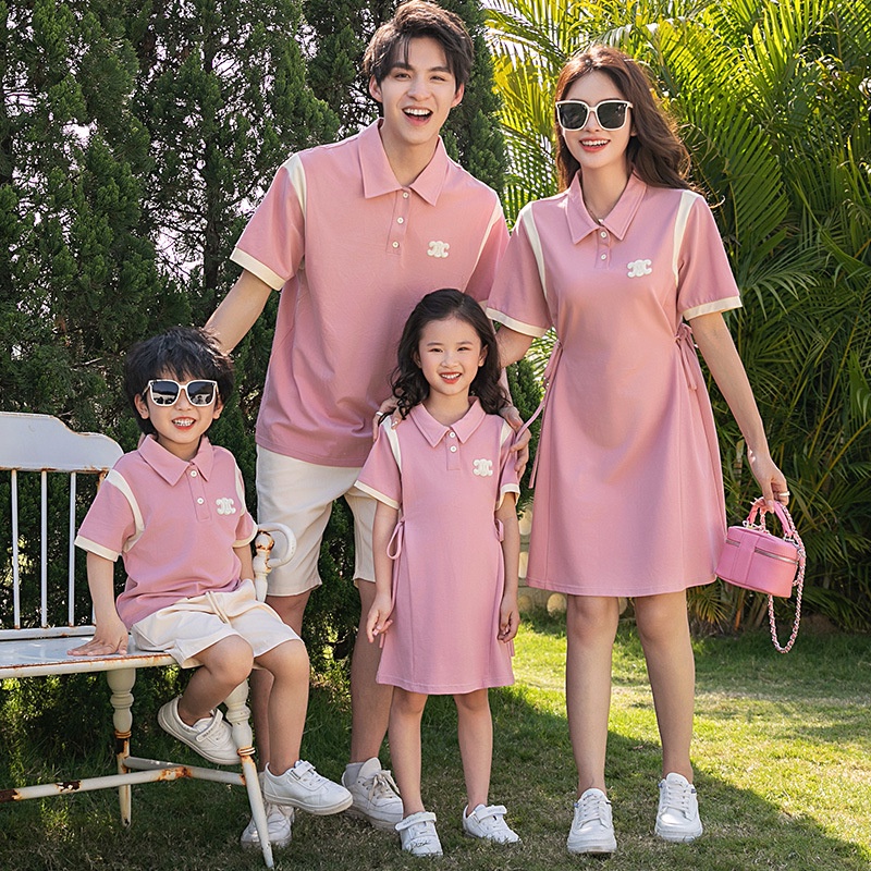 Baju Pink Polo Family Mathing Outfits Women Blouse Dress Couple Set ...