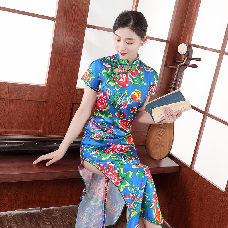 碎花时尚复古东北大花布衣服短袖裙子民族风姐妹闺蜜旗袍 Floral Fashion Vintage Northeast Large ...