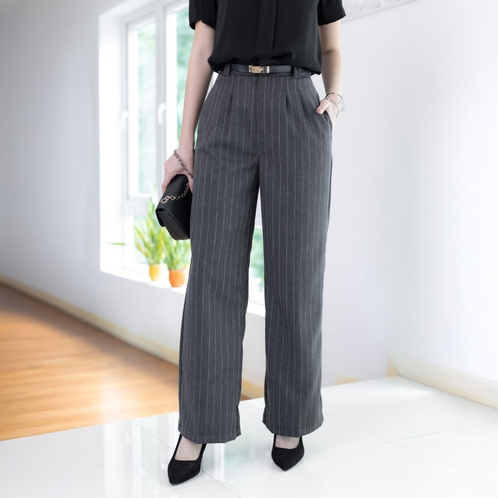 Narinari: NP085 Pinstripe Wide Leg Pants High Waist Work | Shopee Malaysia