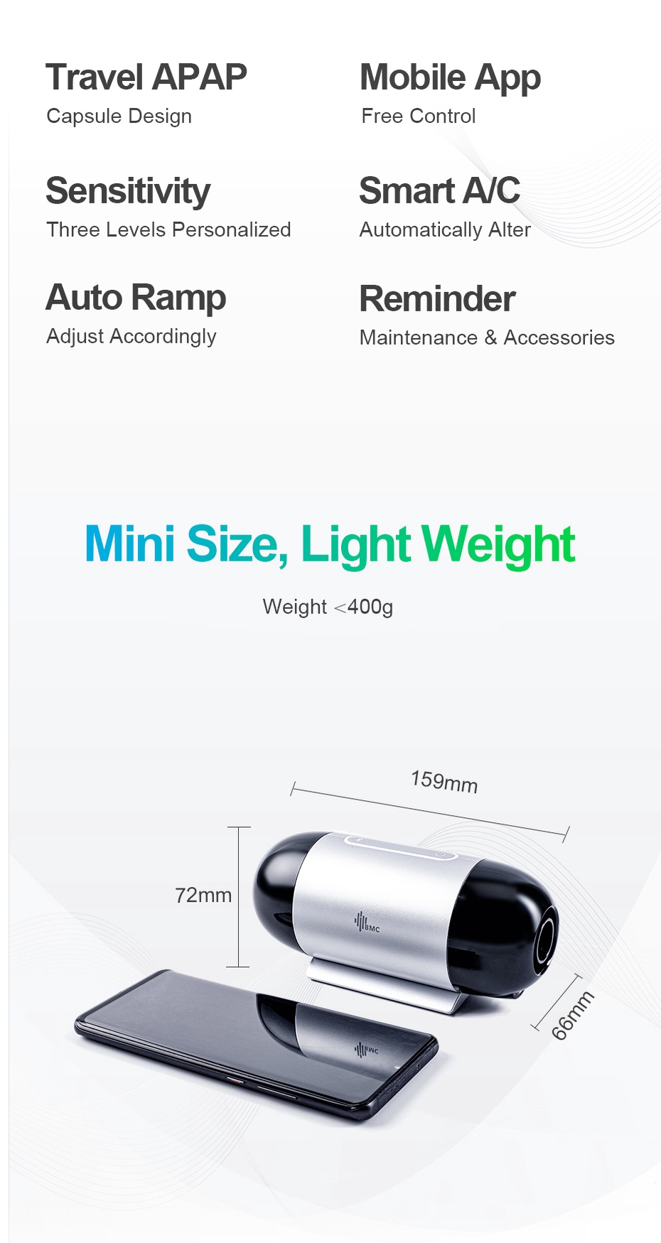 BMC M1 400g Mini AUTO CPAP with Anhydrous humidifying Auto ramp feature ...
