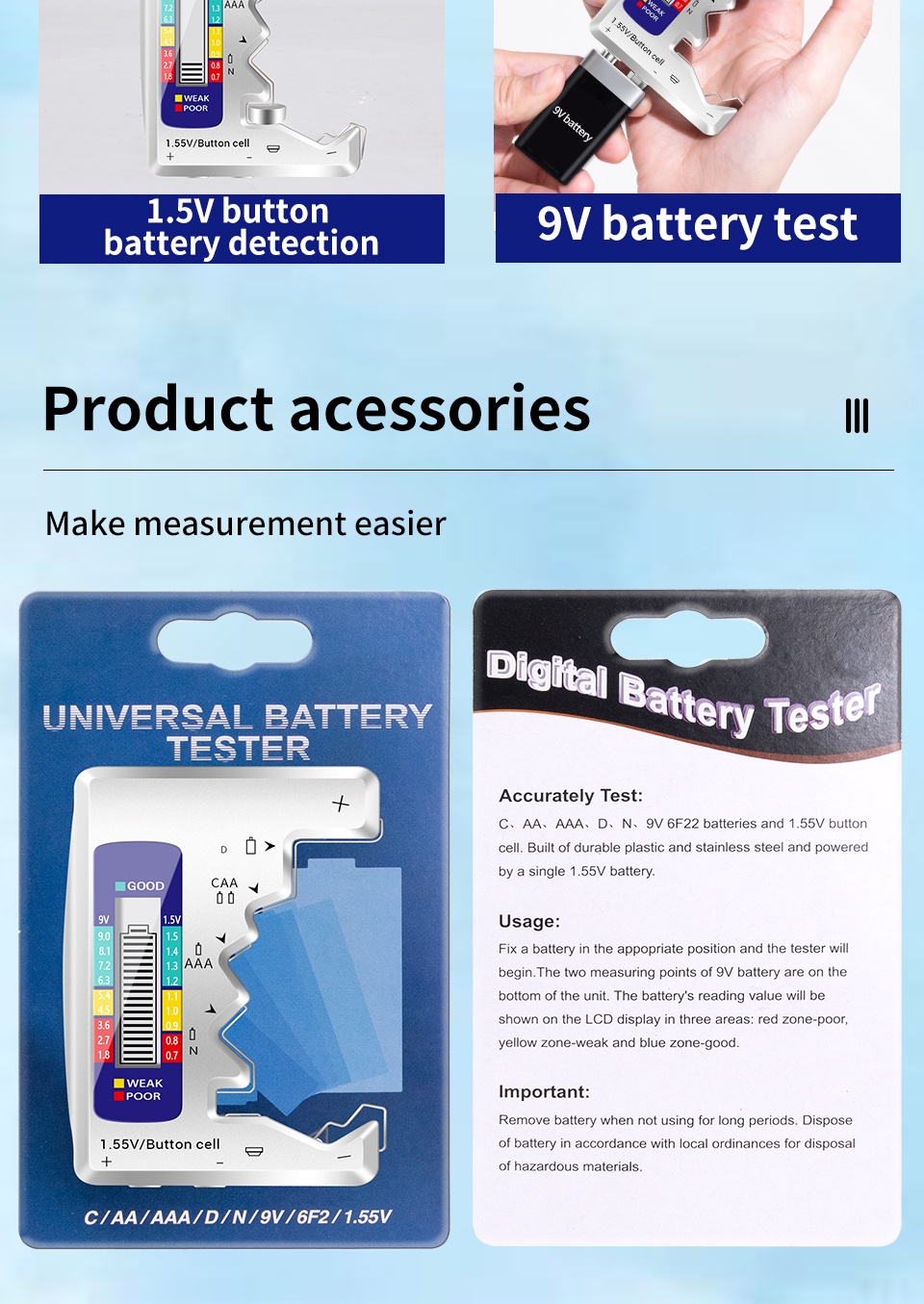 ANENG Universal Battery Tester LCD Display C AA AAA D N 9V 1.55V Button ...