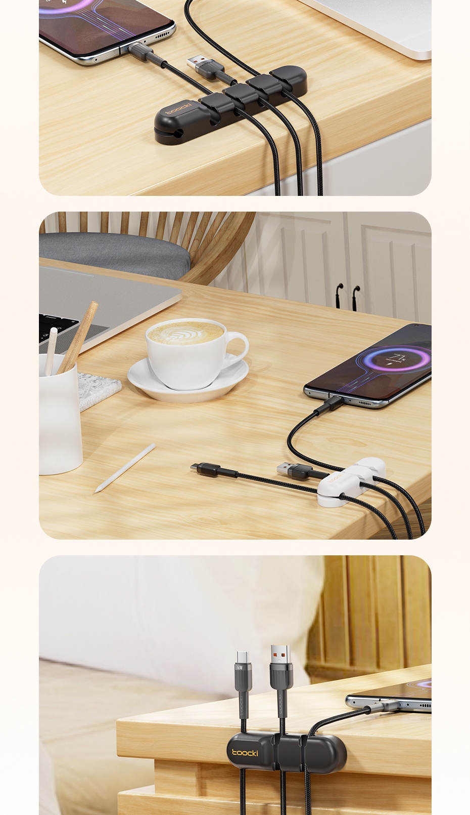 Toocki 3Clip/5Clip/7Clip Cable Organizer Silicone Desktop Cable Management USB Cable Winder Clip ...