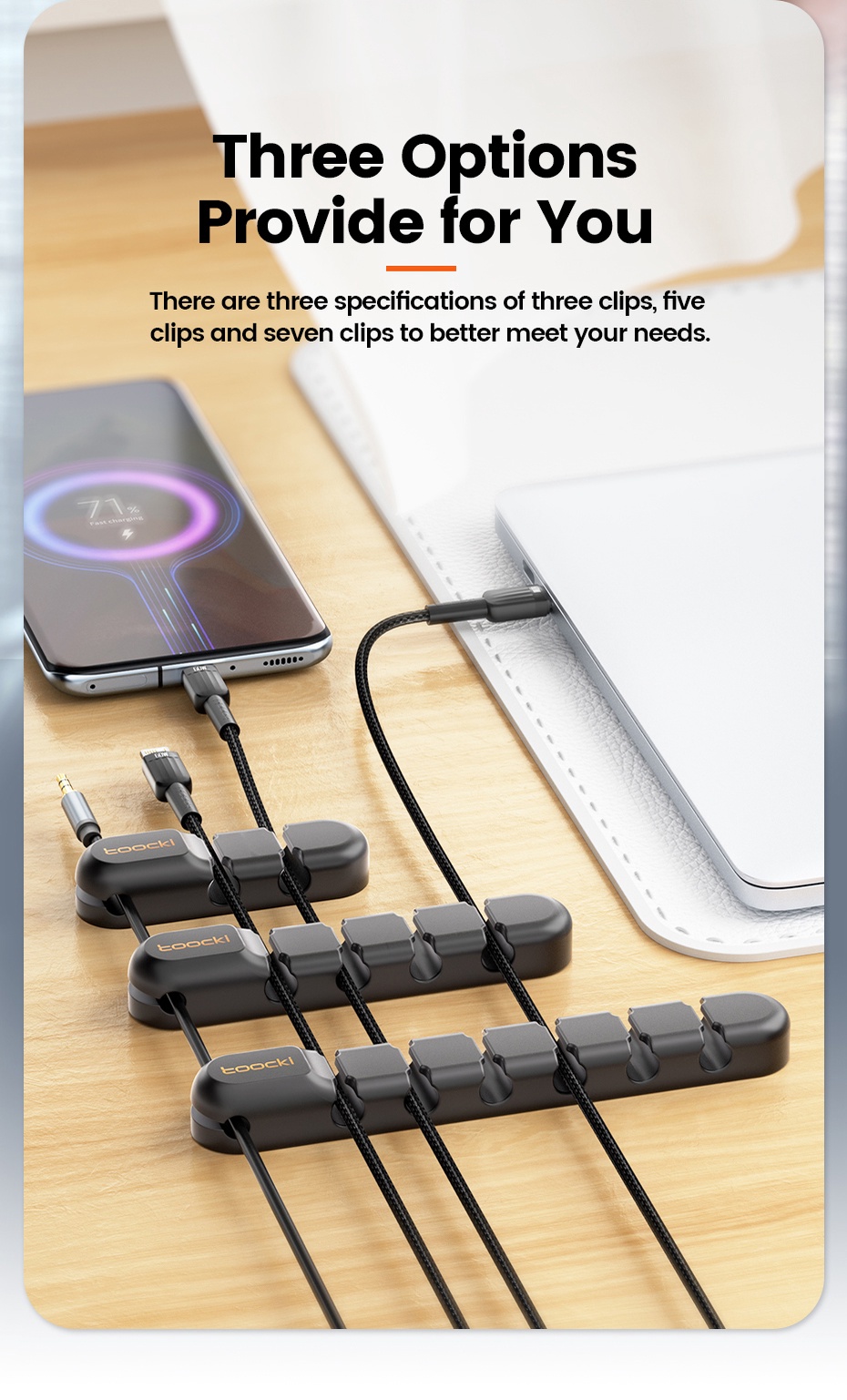 Toocki 3Clip/5Clip/7Clip Cable Organizer Silicone Desktop Cable Management USB Cable Winder Clip ...