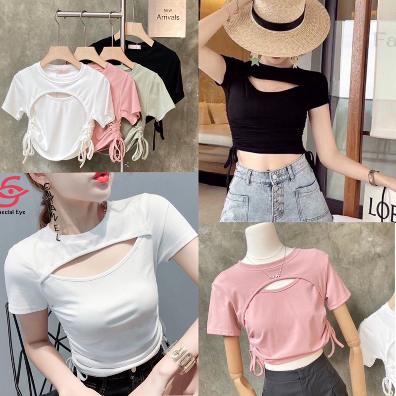 Crop Top With Cut-Out Chest Soft Cotton Fabric Side Rope | Shopee Malaysia