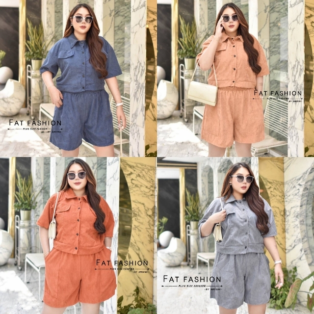 Plump Girl Clothes Fat Plus Size Set2 Pieces Short Sleeve Jacket + Smocked Waist Shorts This ...