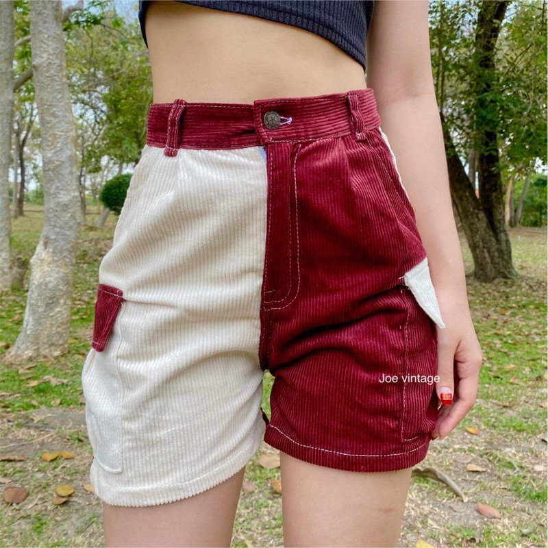 Corduroy Cargo Shorts Vintage Pants Chic Remake. Two-Tone Work High ...