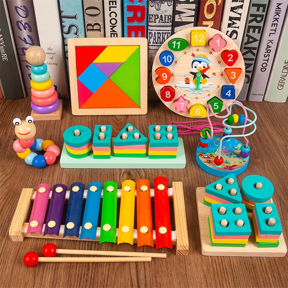 Wooden Toys Kids Clock Xylophone Worms Coils Beads Blocks 4 Row ...