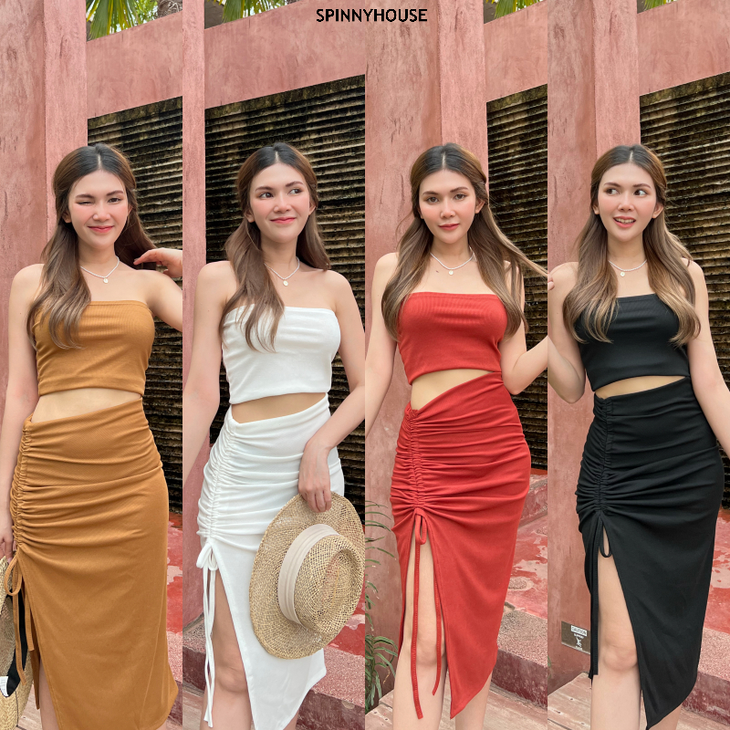 SpinnyHouse 2-Piece Beach Set Strapless + Side Drawstring Skirt Soft Fabric Wear By Beautiful ...