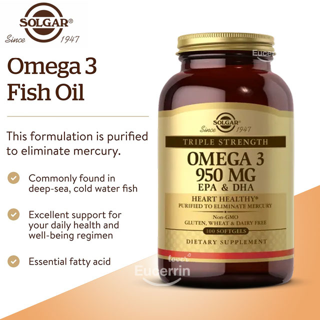 Solgar Omega 3 EPA & DHA 950 mg Triple Strength 100 Softgels Nourishes Brain Eyes Joints Vessels ...