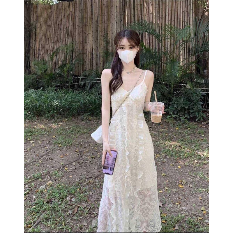 Single Strap Dress Cream Color Lace Fabric Very Beautiful Good Elegant ...