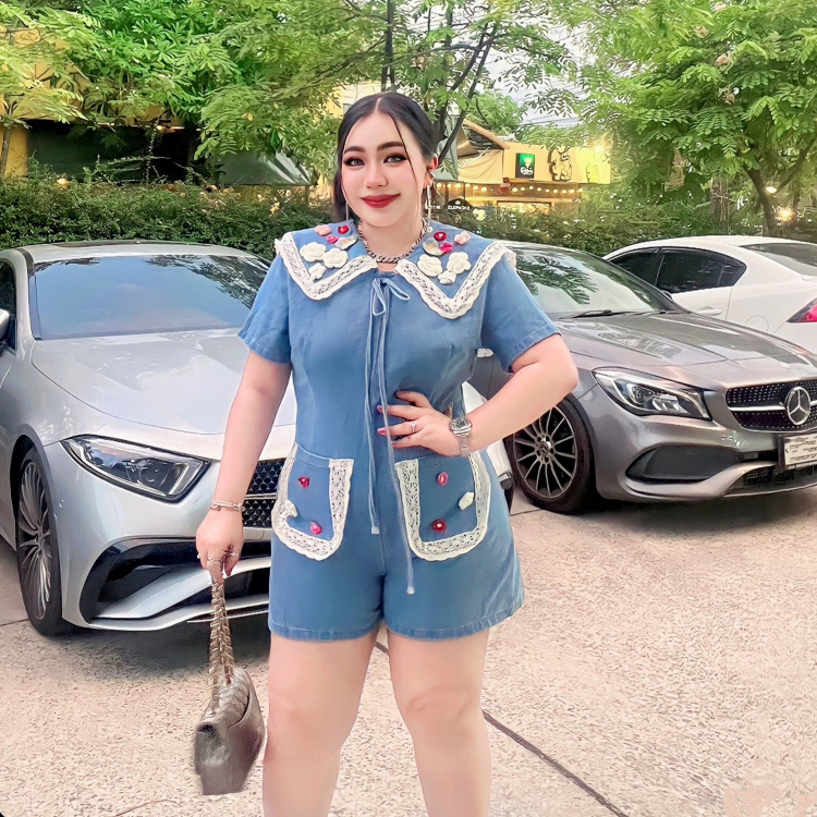 100KG Flower Embroidery Short Jeans Jumpsuit Plump Girl Fat Woman Put ...