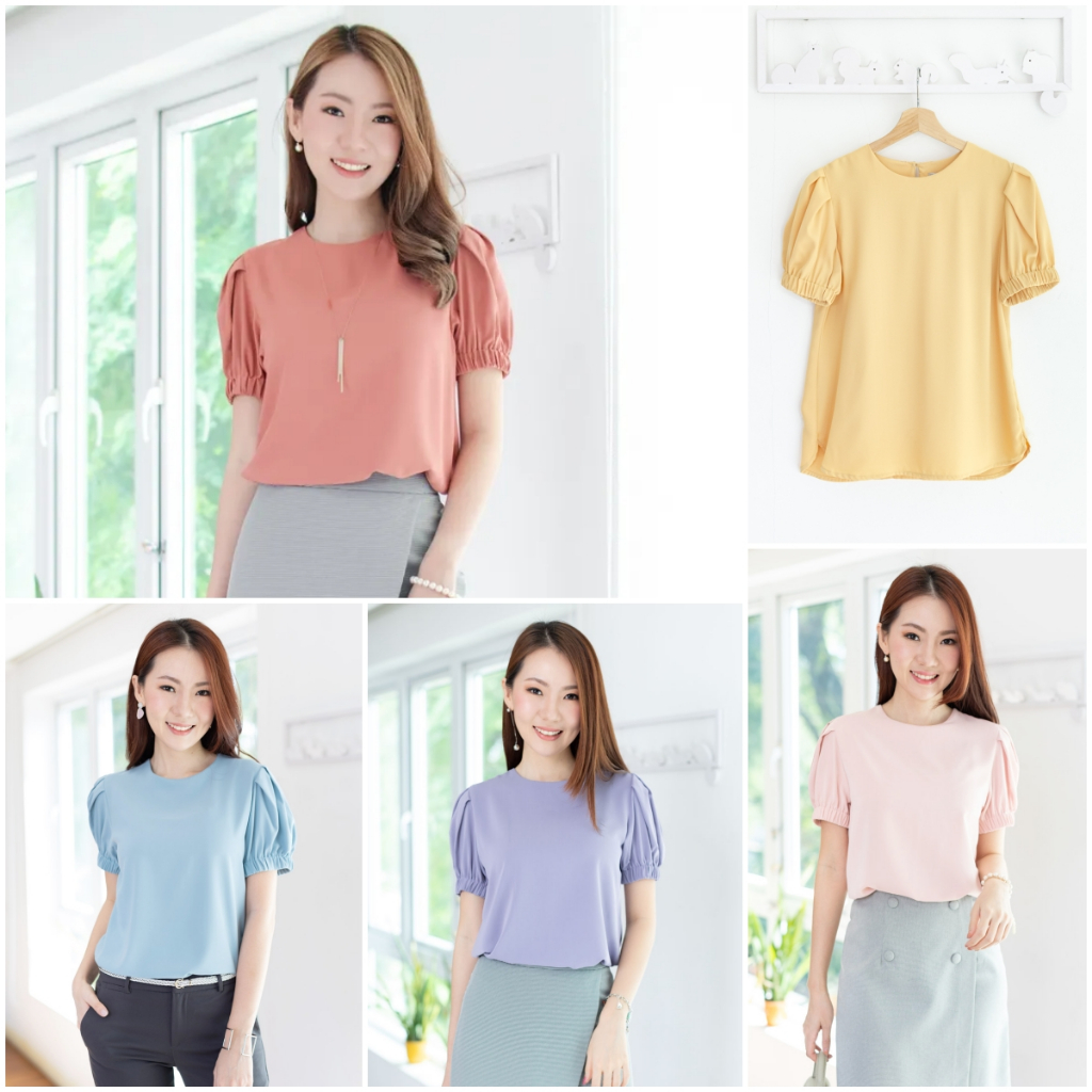 Narinari: MT3016 Puff Sleeve Sophie Blouse Work Shirt With Collar And Ribbed Collar. | Shopee ...