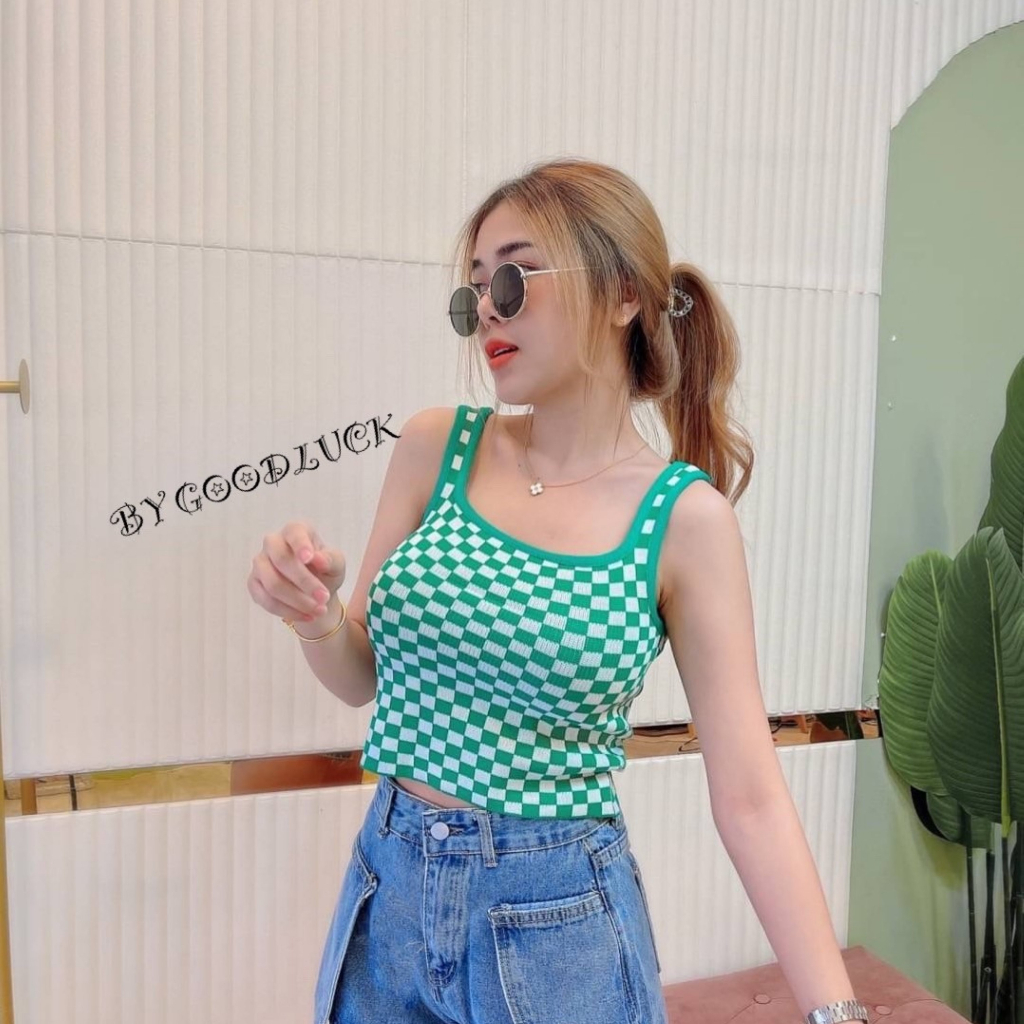 PRP x SPN Crop Top Silk Fabric Woven With Checkered Pattern Super Cute Rangsit Model | Shopee ...