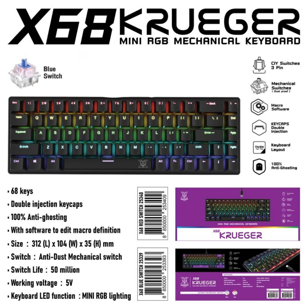 Mechanical Gaming Keyboard With keycaps Free 7 Buttons NUBWO X68 ...