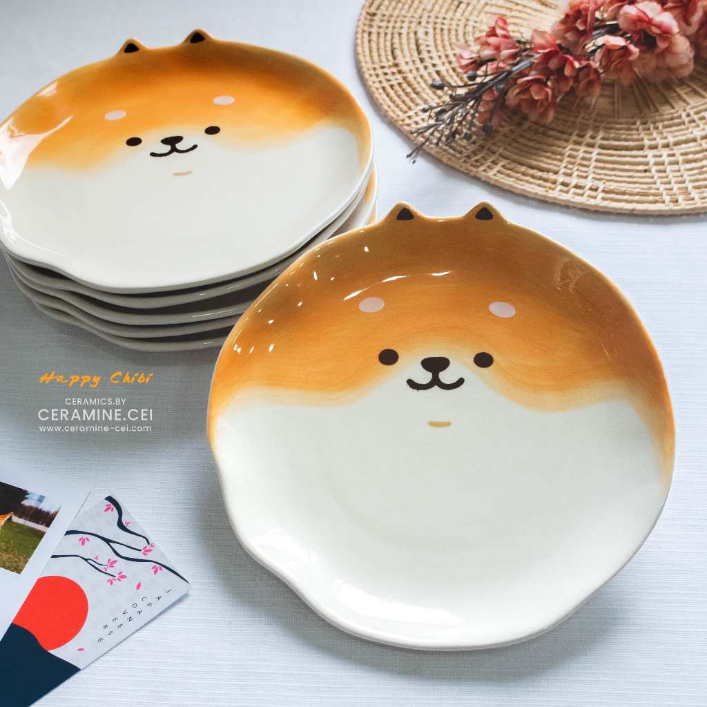 Happy Chibi Ceramic Dessert Plate Shiba Dog Pattern Size 8 Inches Wavy ...