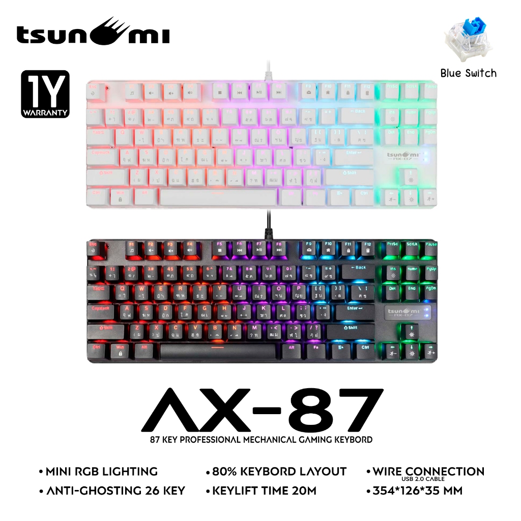 Gaming Keyboard (Thai-Eng)Tsunami AX-87 TKL Mini RGB Mechanical (Blue ...