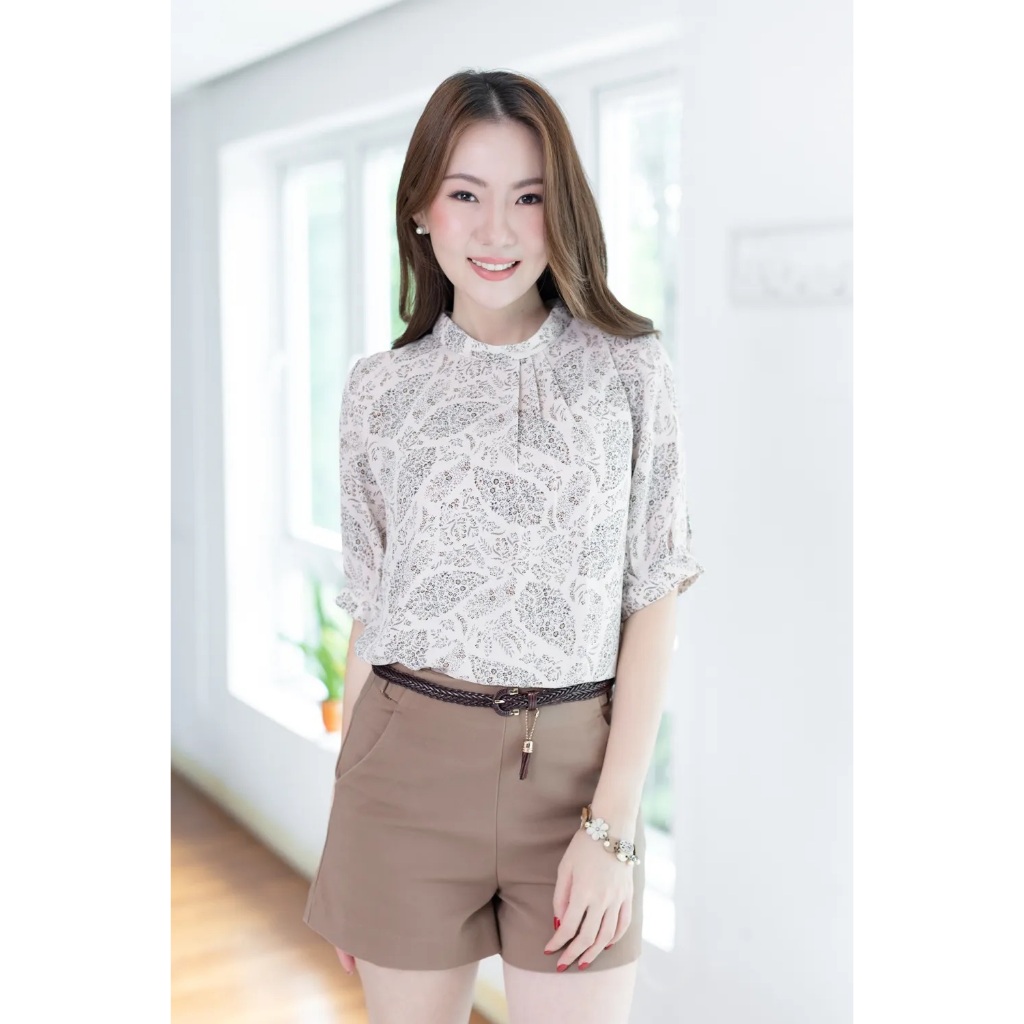 Narinari : MN0520 Side Pleat Blouse เสื้อทํางานแต่งจีบ ผ้าพิมพ์ลาย | Shopee Malaysia