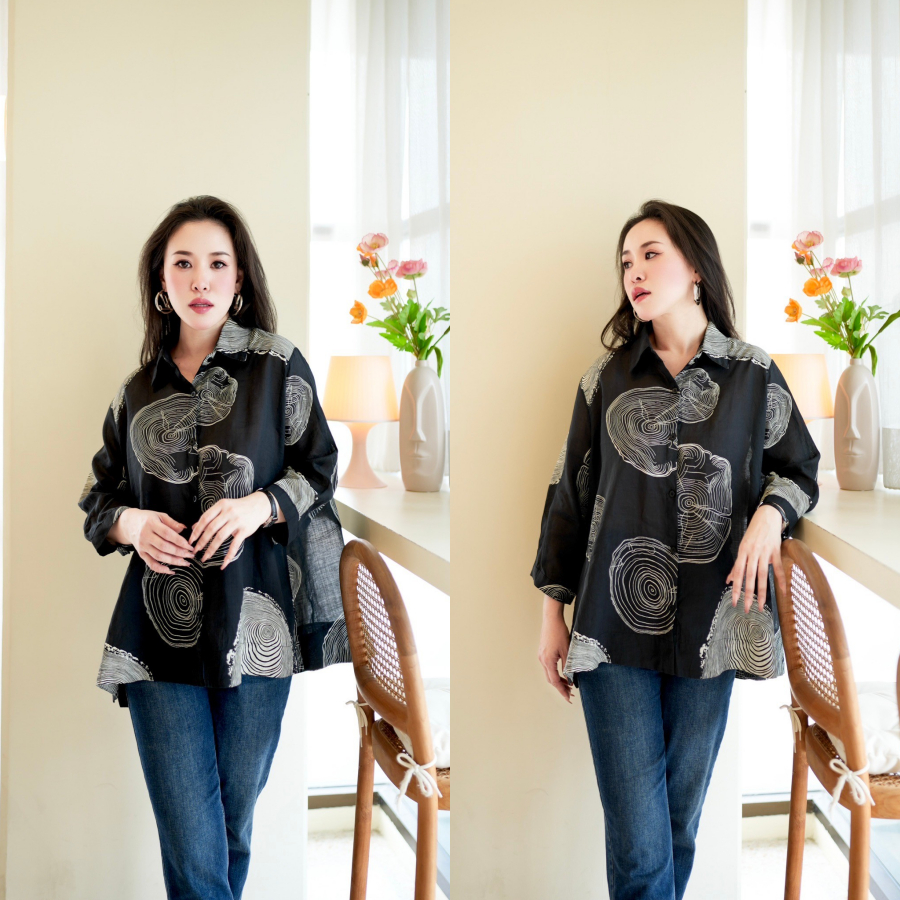Lynlalin Real Linen Shirt With Log Pattern A-Line Style Elegant Looks ...