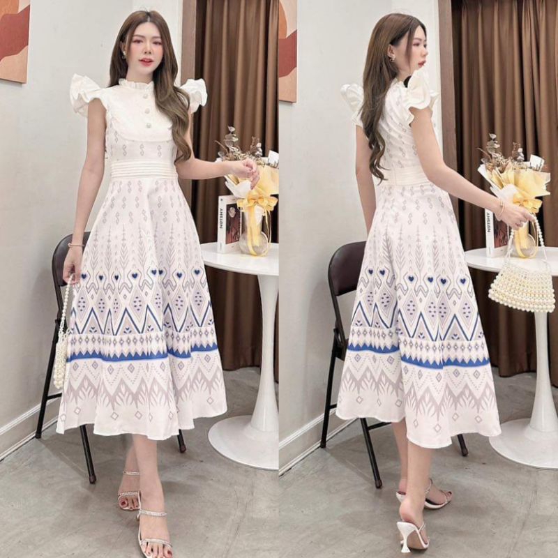 Amelia Label Long Dress With Lace Ruffle Sleeves Thai Print | Shopee ...