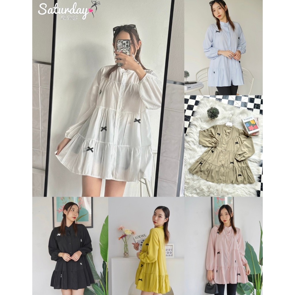 Saturday Label Mandarin Collar Mini Dress With Ribbon Bow 40 Inches ...