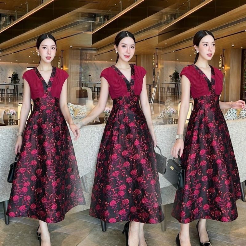 S M L XL 2XL Red Dress Woven Fabric Embossed Floral Elegant | Signboard ...