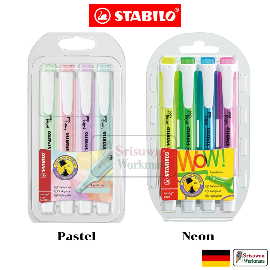 Stabilo Swing Cool Set 4 Colours Highlighter Pastel/Neon Highlight Pen ...