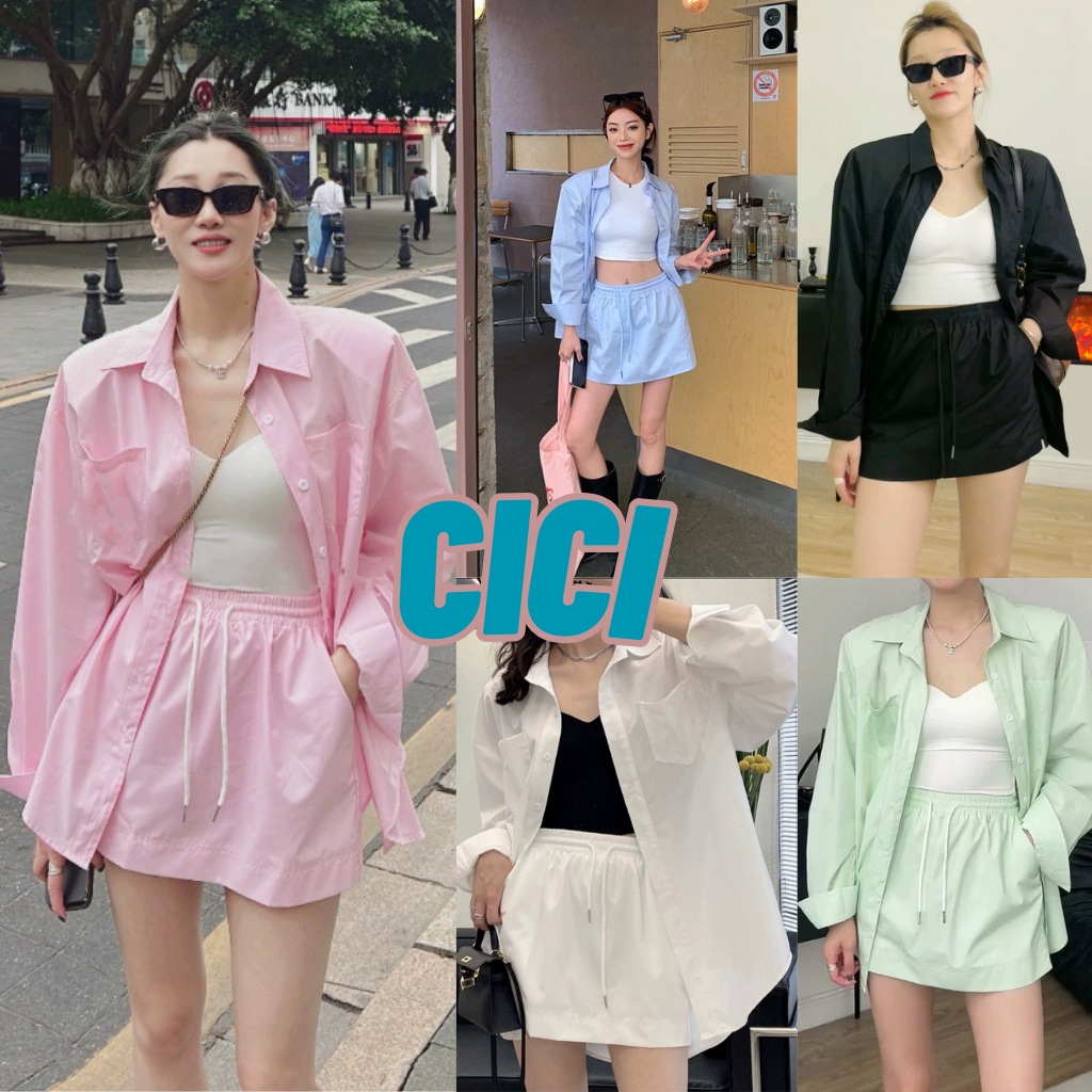 Cici (NO.3176) Set2 Pieces Long-Haired Shirt + Short Skirt Practical Pocket Smock Waist There Is ...