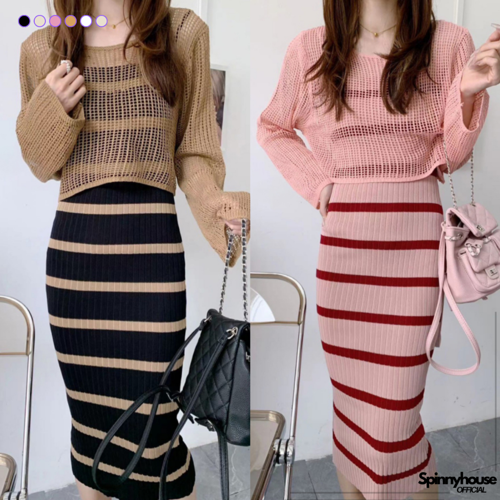 SpinnyHouse 2-Piece Set One-Piece Woven Dress With Alternating Colors + Thin Mesh Long-Sleeved ...