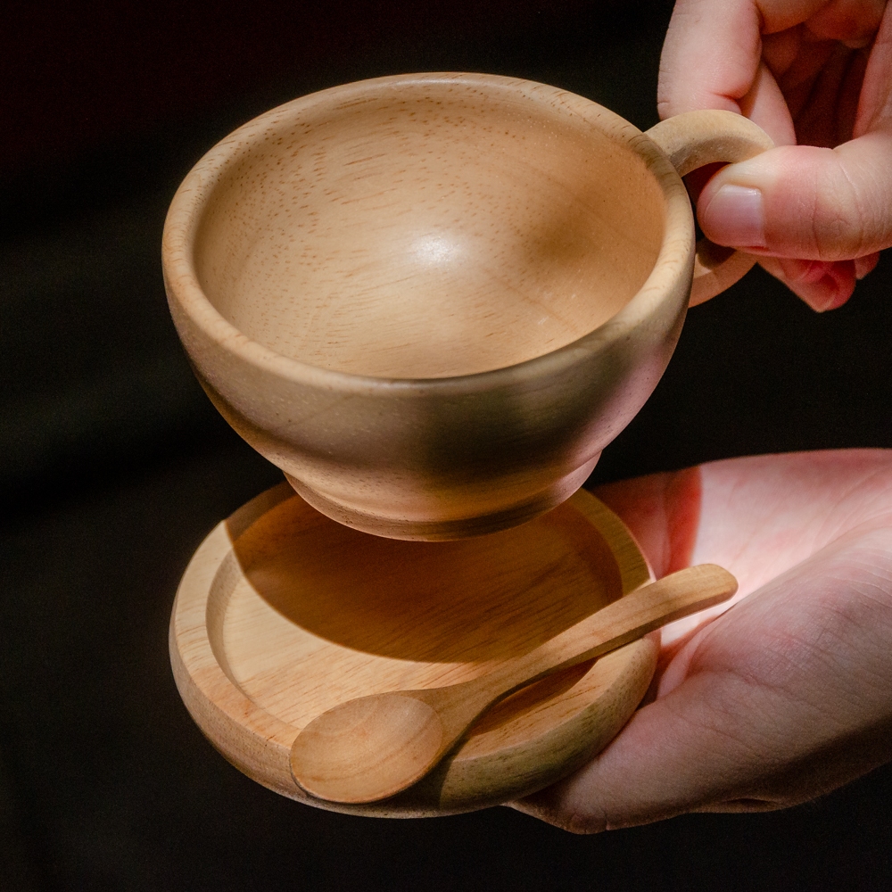 Rubber Wood Coffee Cup Set (1 Contains Mug + Tray + Small Spoon ...