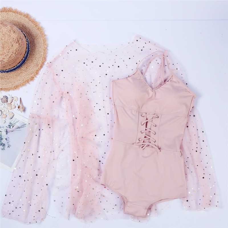 Peach Pink Bikini One-Piece Swimsuit 2-Piece Set (One Piece + Cloak ...