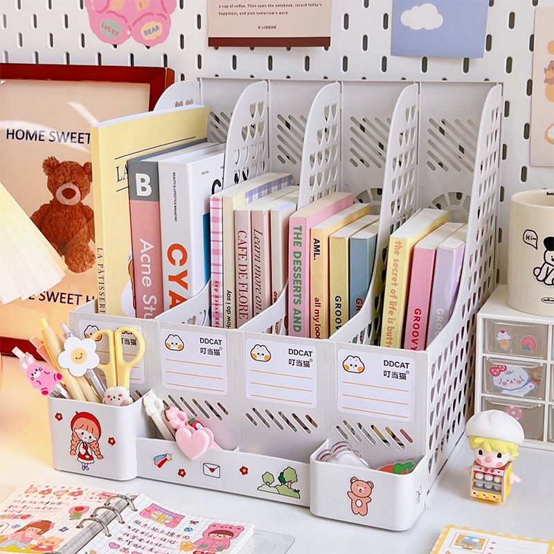 4-Compartment File Box Book Shelf Folder Storage A4 Paper Holder Pen ...