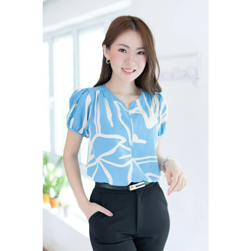Narinari : MT4527 Notch Neck Puff Sleeve Blouse-Graphic/Leaf Print | Shopee Malaysia